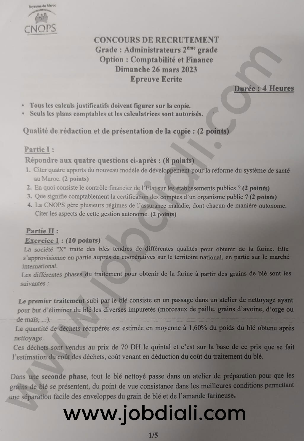 Exemple Concours de Recrutement Administrateurs 2ème grade Comptabilité et Finance 2023 - CNOPS ...
