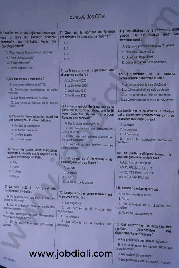Exemple Concours Institut Royal de l’Administration Territoriale IRAT ...