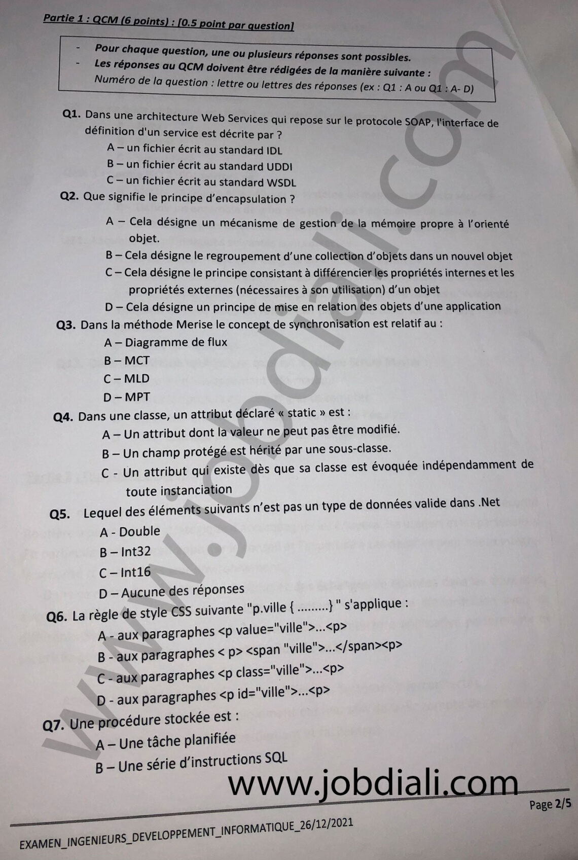 Exemple Concours de Recrutement d’Ingénieurs d’Etat 1er grade Développement Informatique 2021 ...